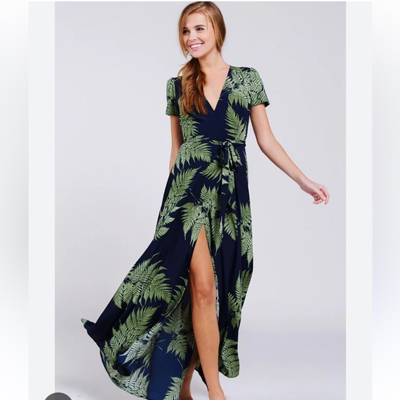 Aakaa | Dresses | Nwt Navy Aakaa Wrap Dress With Palm Print | Poshmark